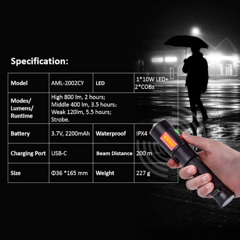 Safety Alarm Flashlight 800 Lm Rechargeable with COB light - AULITE ...